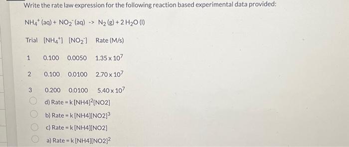 Solved Write the rate law expression for the following | Chegg.com