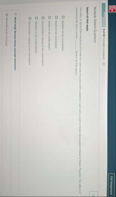 Solved PusGRW9 ﻿of 24 ﻿Concepts completedMultiple Select | Chegg.com