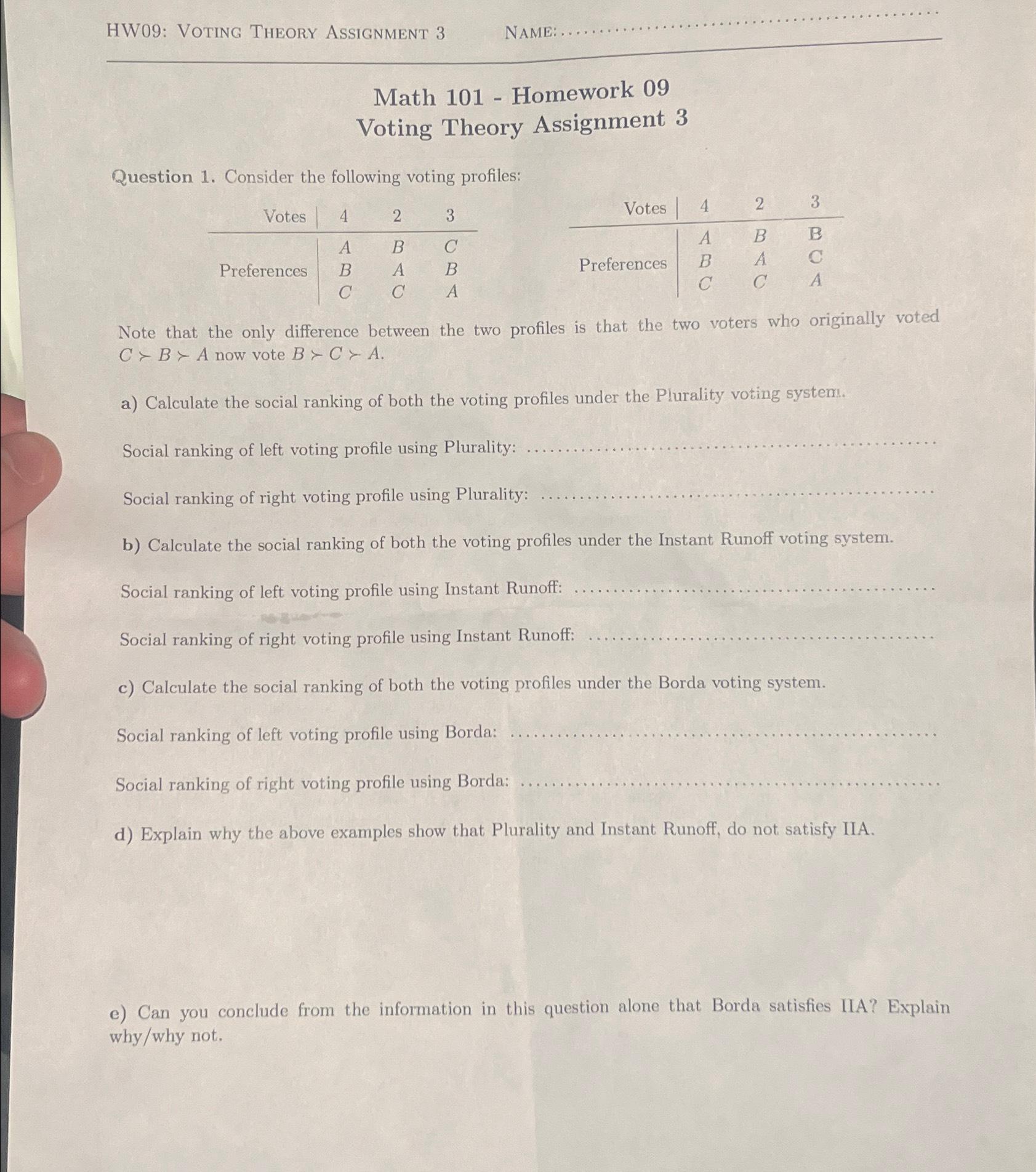 Solved HW09: VOting Theory Assignment 3NAME:Math 101 - | Chegg.com