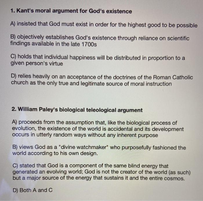 Solved 1. Kant's moral argument for God's existence A) | Chegg.com