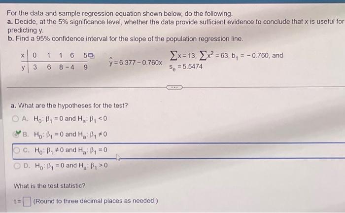 Solved For the data and sample regression equation shown | Chegg.com