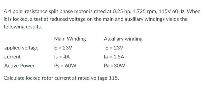 Solved A4 pole, resistance split phase motor is rated at | Chegg.com