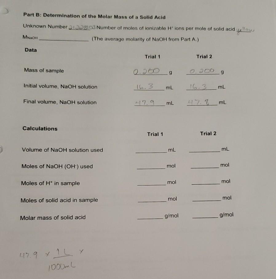 Solved Part A: Standardization of NaOH solution Data Trial 1 | Chegg.com