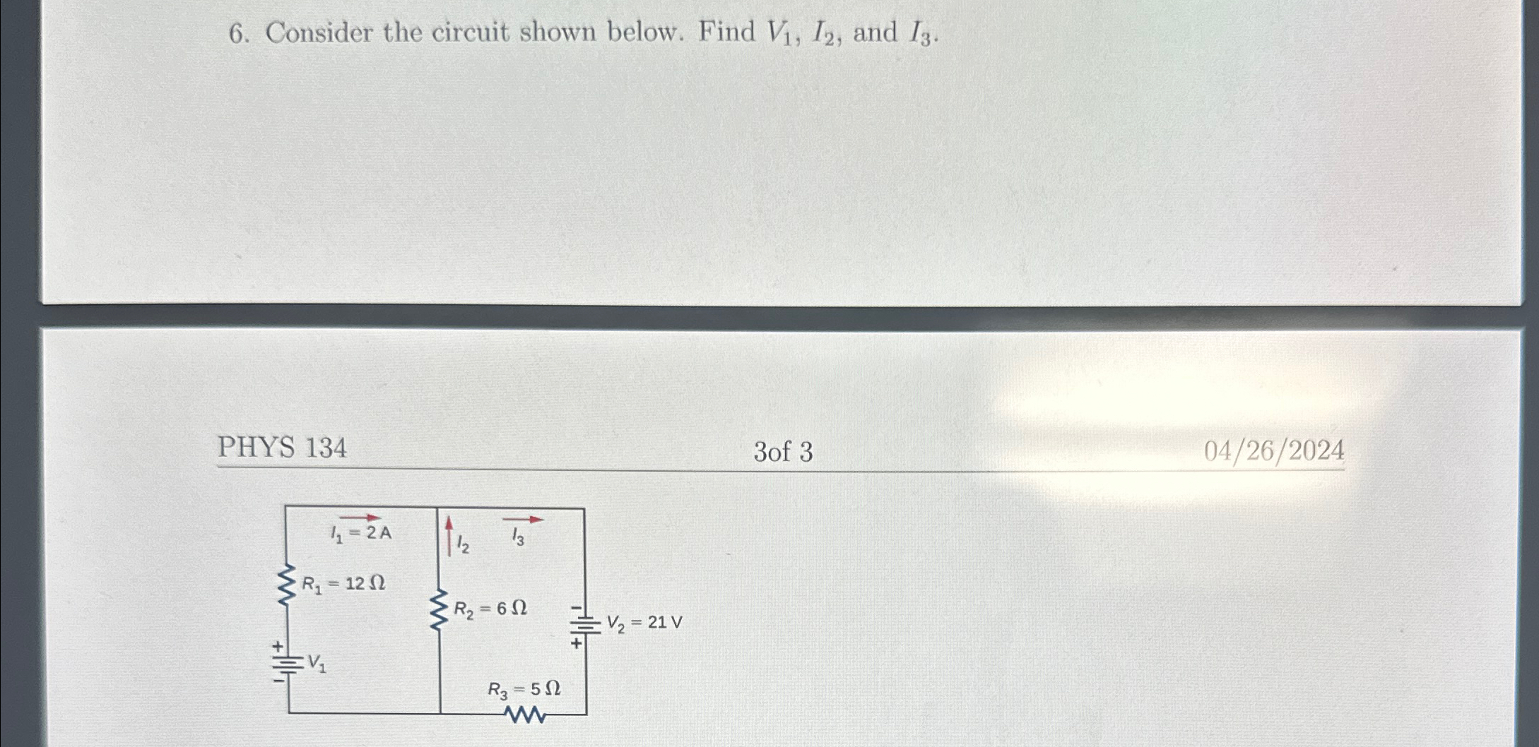 Solved Consider the circuit shown below. Find V1,I2, ﻿and | Chegg.com