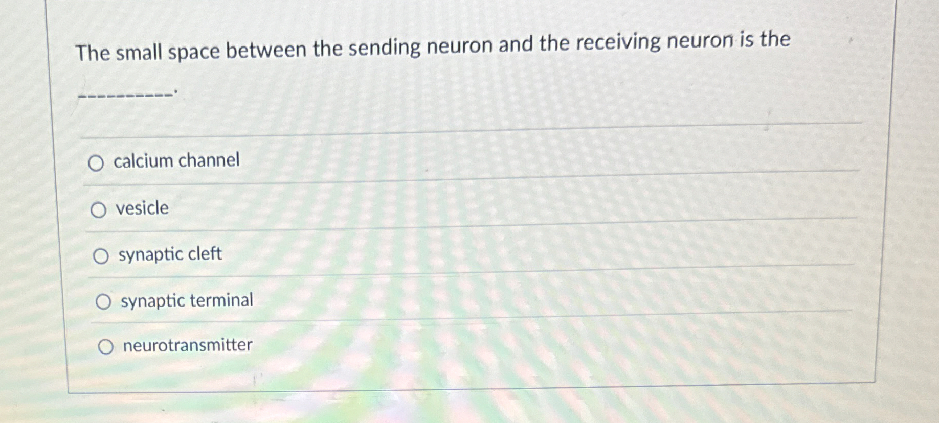 Solved The small space between the sending neuron and the | Chegg.com