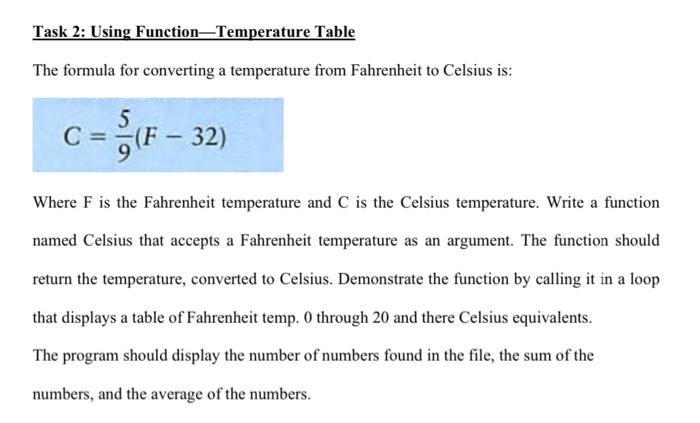 Solved Task 2: Using Function-Temperature Table The formula | Chegg.com