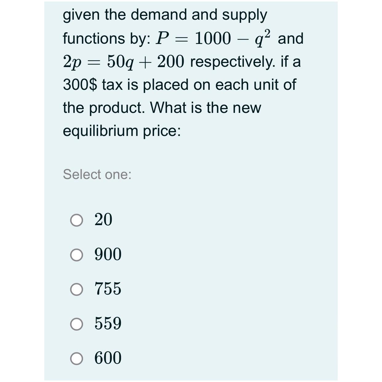 given the demand and supply functions by: P=1000-q2 | Chegg.com