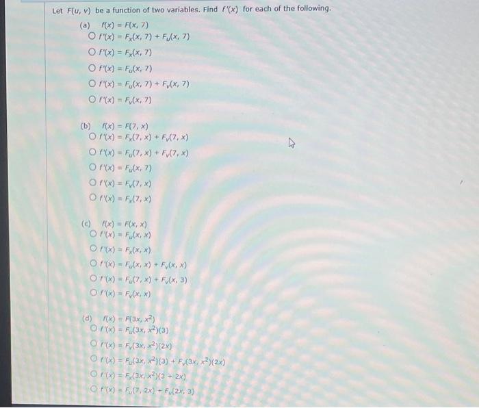 Solved Let F(u,v) be a function of two variables. Find f′(x) | Chegg.com