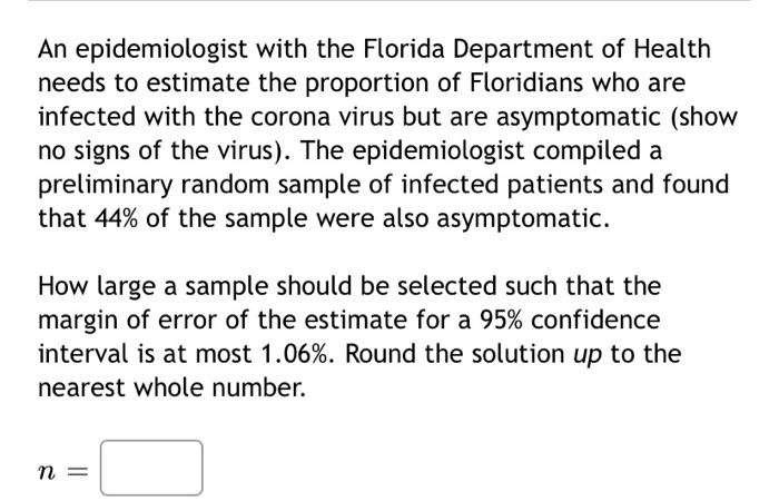 Solved An epidemiologist with the Florida Department of | Chegg.com