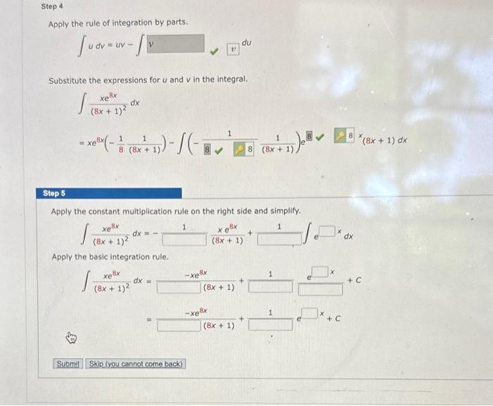 Solved Step 4 Apply the rule of integration by parts. [ u ₁v | Chegg.com
