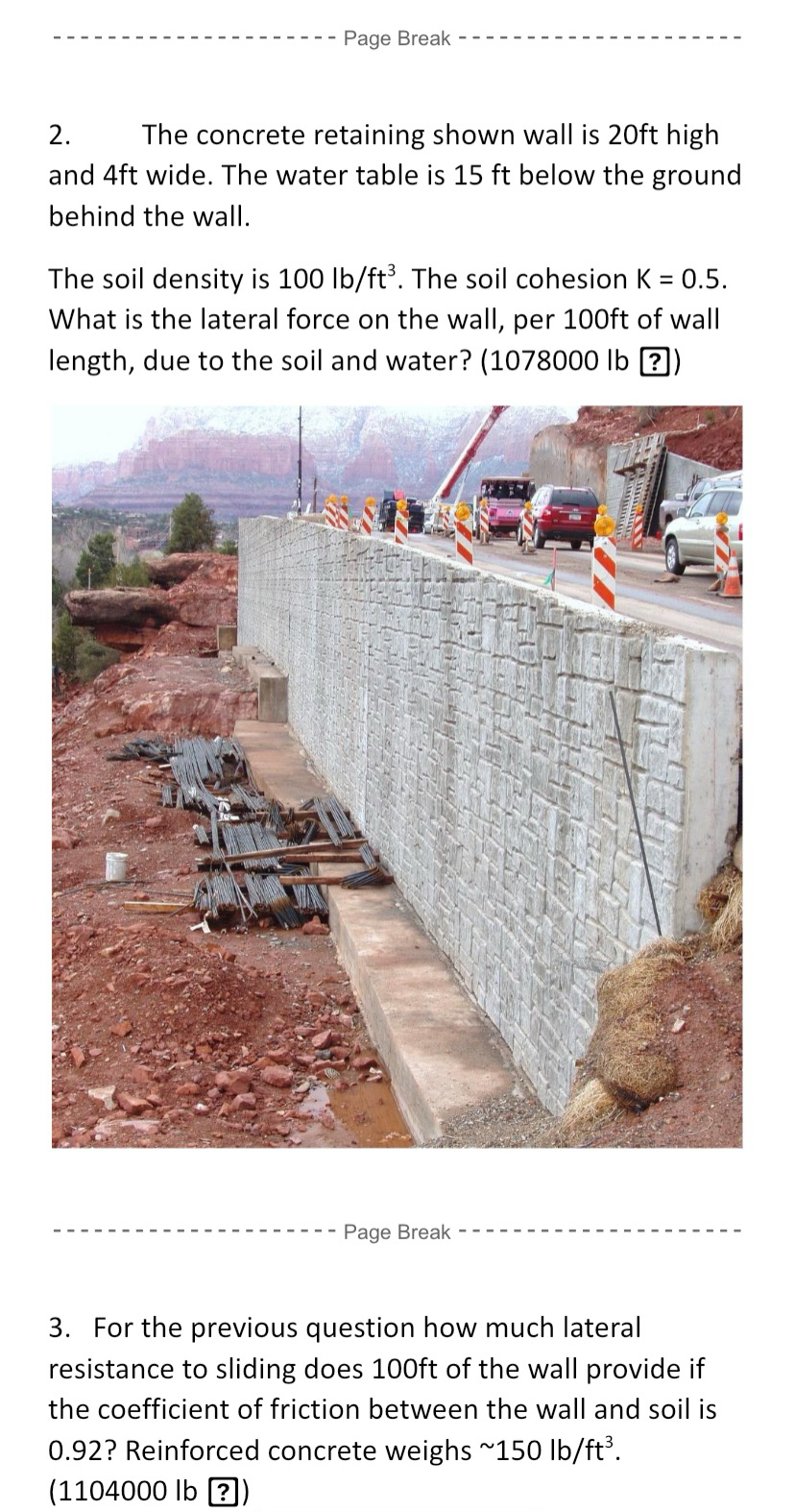 Solved Page Break2. ﻿The concrete retaining shown wall is | Chegg.com