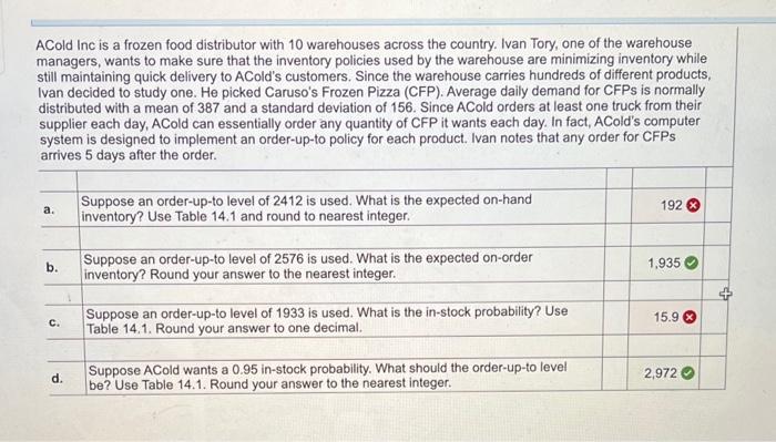 Solved ACold Inc is a frozen food distributor with 10 | Chegg.com