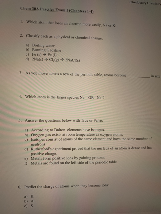 Solved Introductory Chemistry Chem 30A Practice Exam I | Chegg.com