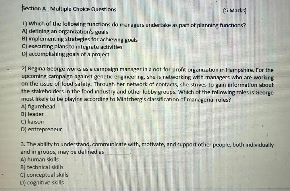 Solved Section A : Multiple Choice Questions (5 Marks) 1) | Chegg.com