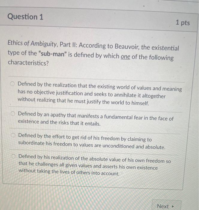 Ethics of Ambiguity, Part II: According to Beauvoir, | Chegg.com