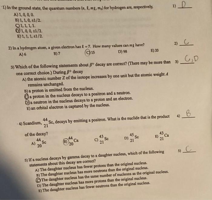 Solved ) In the ground state, the quantum numbers | Chegg.com