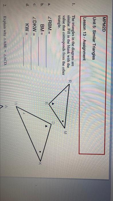 Solved MPM2D Unit 5: Similar Triangles Lesson 13 - | Chegg.com