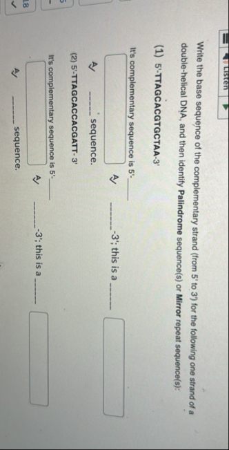 Solved ListenWrite the base sequence of the complementary | Chegg.com