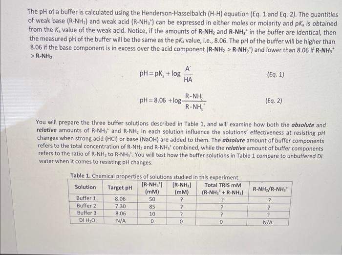A. Pre-lab Calculations Preparation of Buffers 1 and | Chegg.com