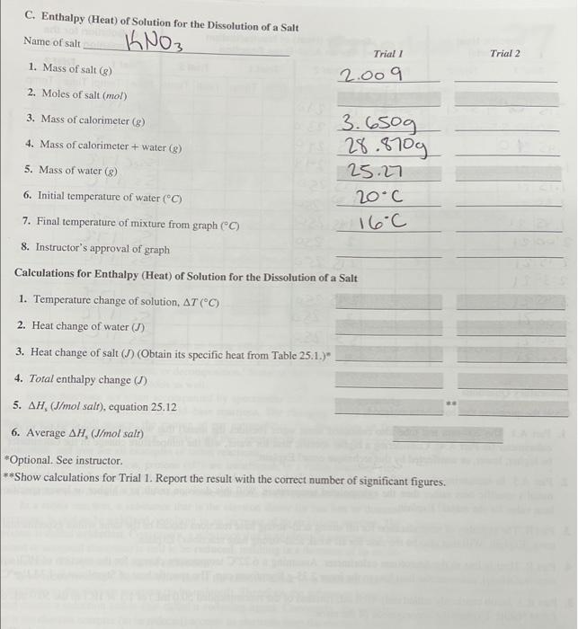 Solved C. Enthalpy (Heat) of Solution for the Dissolution of | Chegg.com