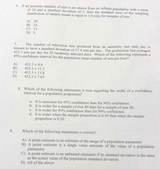 Solved 6. If all possible samples of size n are drawn from | Chegg.com