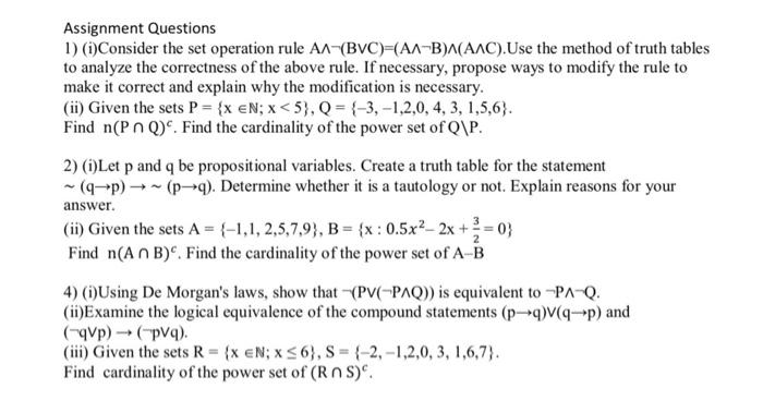 Solved Assignment Questions 1) (i)Consider the set operation | Chegg.com