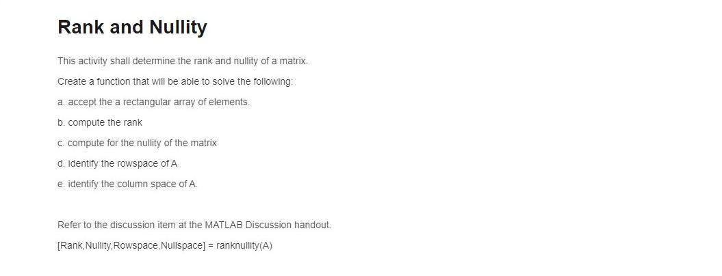 Solved Rank and Nullity This activity shall determine the | Chegg.com