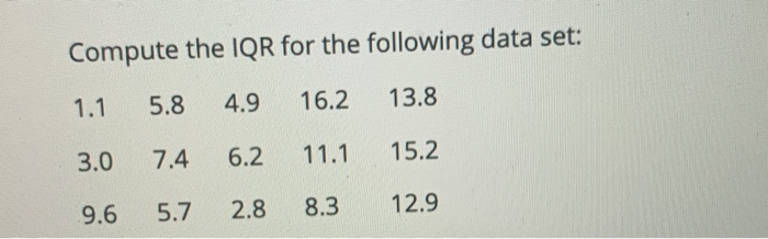 Solved Compute the IQR for the following data set: 1.1 5.8 | Chegg.com