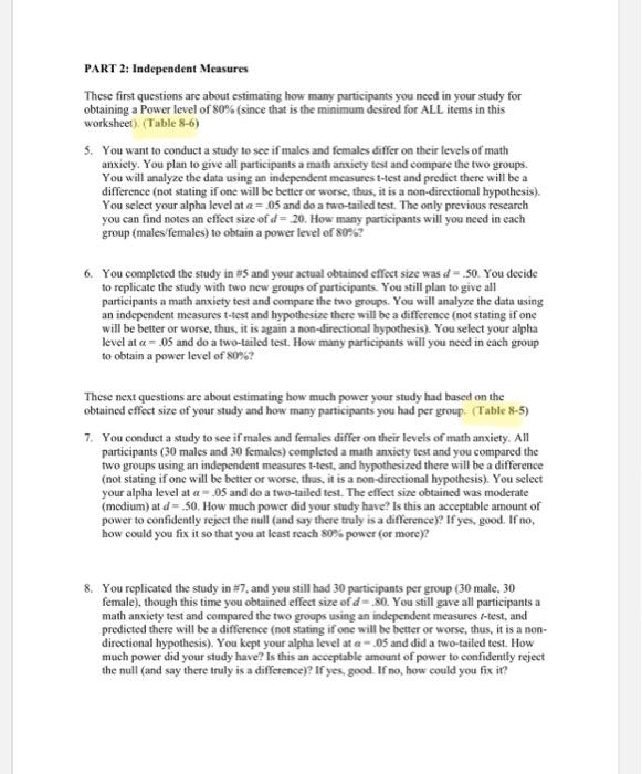 Solved Power Activity: Independent Measures The following | Chegg.com
