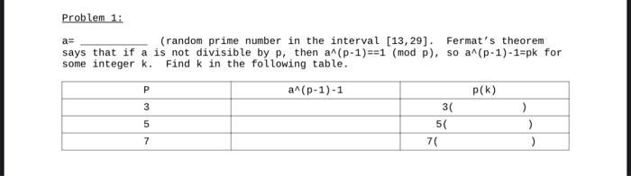 Solved a= (random prime number in the interval [13, 29]. | Chegg.com