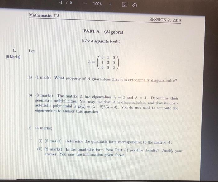 Solved 2 / 6 100% + Mathematics ITA SESSION 2, 2019 PARTA | Chegg.com