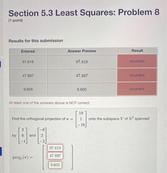 Section 5.3 Least Squares: Problem 8 (1 point) | Chegg.com