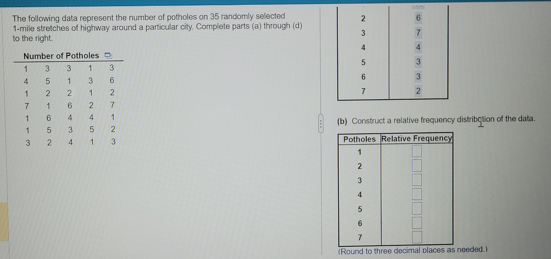 Solved The following data represent the number of potholes | Chegg.com