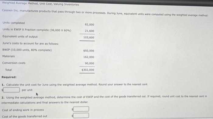 Solved Weighted Average Method, Unit Cost, Valuing | Chegg.com
