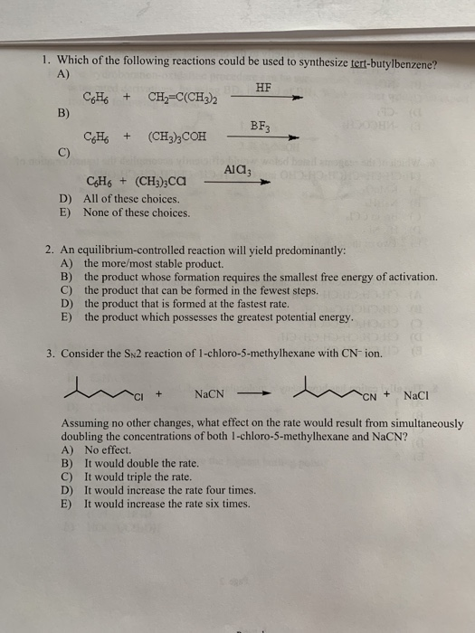 Solved 1. Which of the following reactions could be used to | Chegg.com