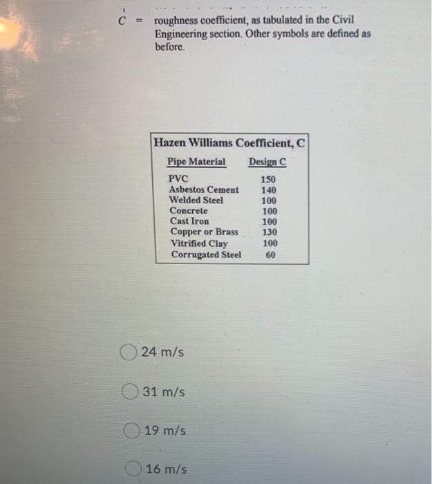 Solved Calculate the velocity in a pipe that is made of PVC | Chegg.com