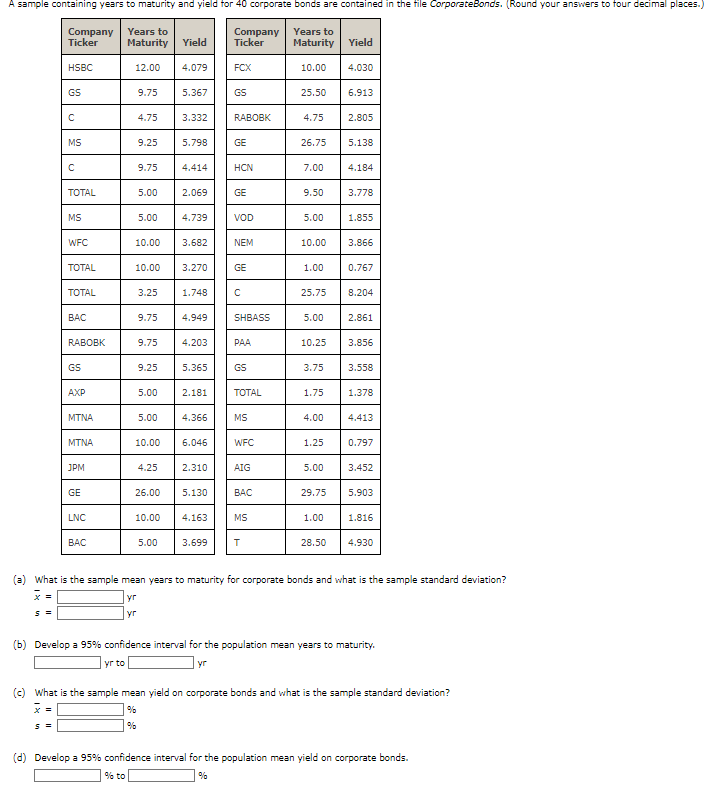 Solved A sample containing years to maturity and yield for | Chegg.com