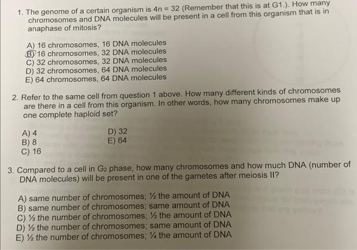 Solved 1. The genome of a certain organism is 4n = 32 | Chegg.com