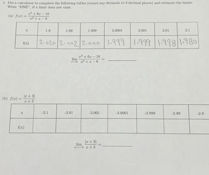 Solved 1. Use a calculator to complete the following tables | Chegg.com