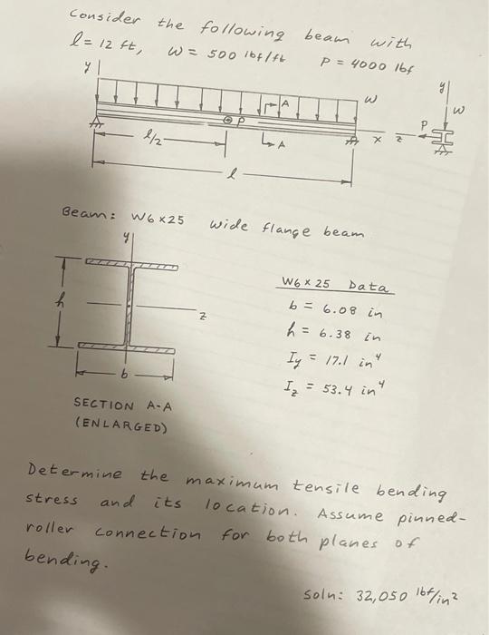 Solved consider the following beam l= 12 ft, with W = 500 | Chegg.com