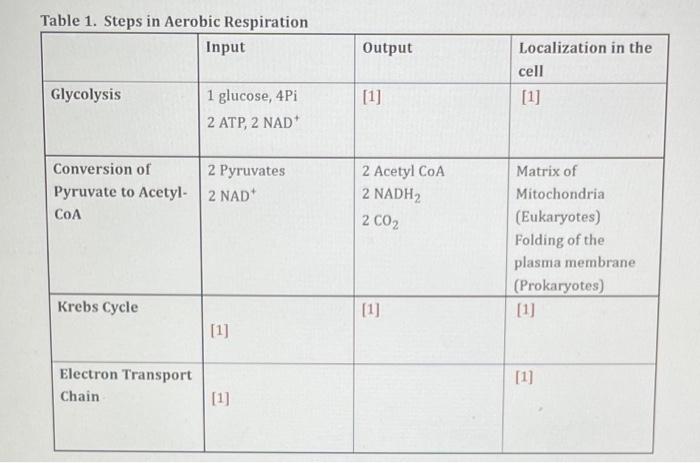 Solved Table 1. Steps in Aerobic RespirationTable 1. Steps | Chegg.com