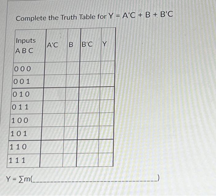 Solved help asapComplete the Truth Table for Y = A'C + B + | Chegg.com