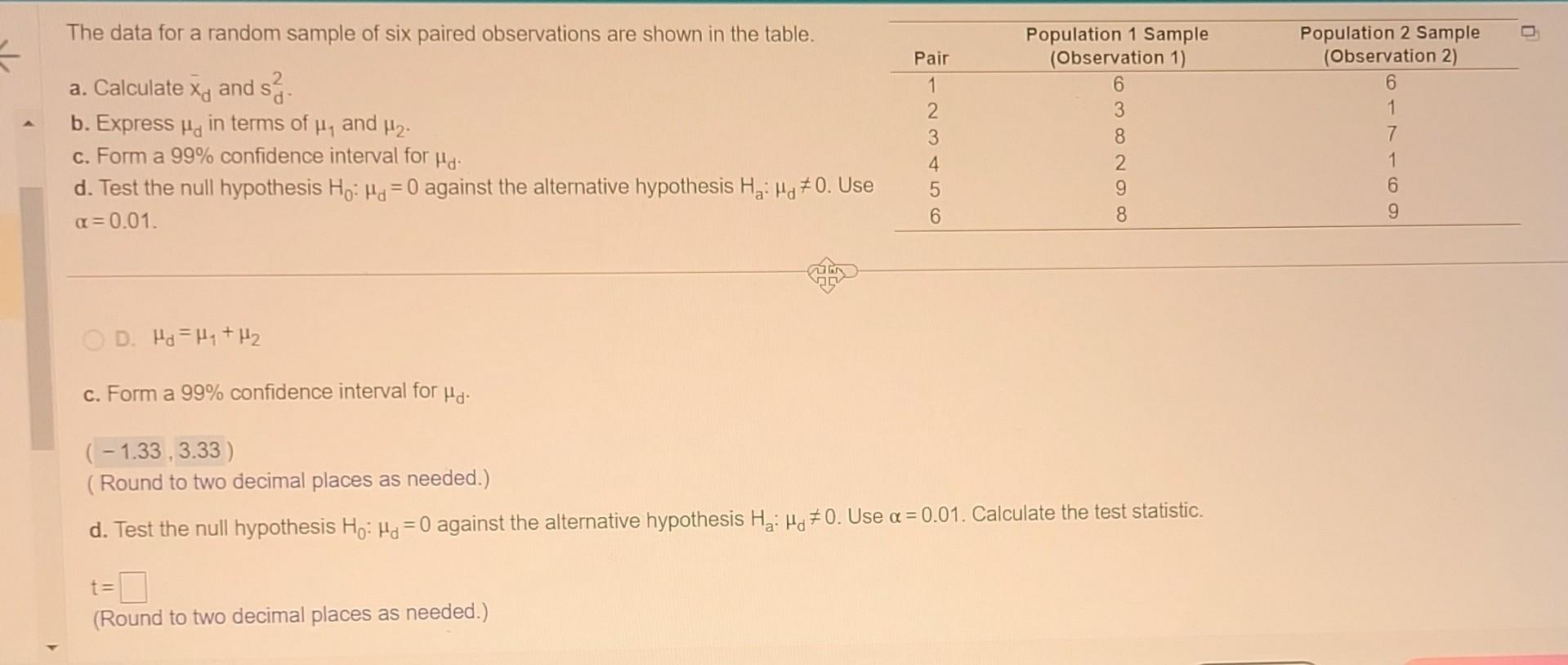 Solved The data for a random sample of six paired | Chegg.com
