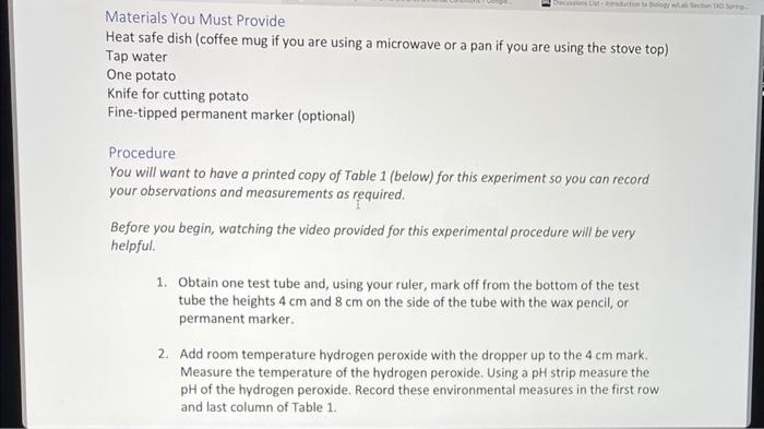 Solved Table 1: Results from Catalase Experiment at room | Chegg.com