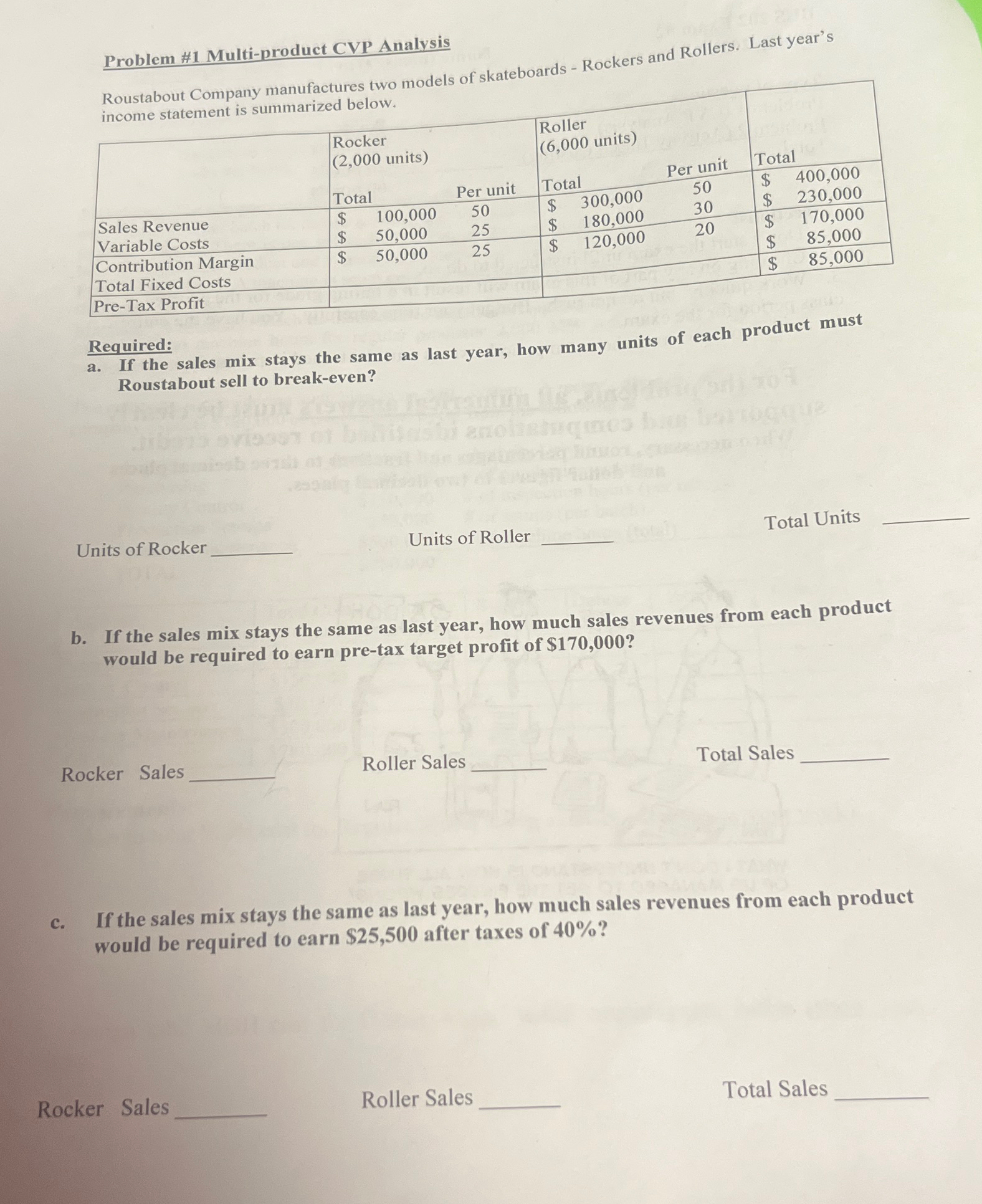 Solved Problem #1 ﻿Multi-product CVP AnalysisRoustabout | Chegg.com
