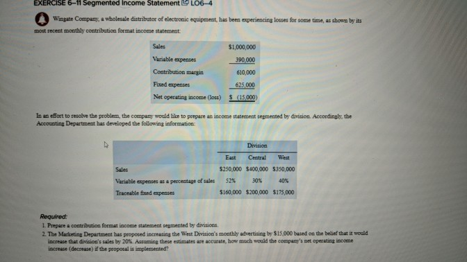 Solved EXERCISE 6-11 Segmented Income Statement LL06-4 | Chegg.com