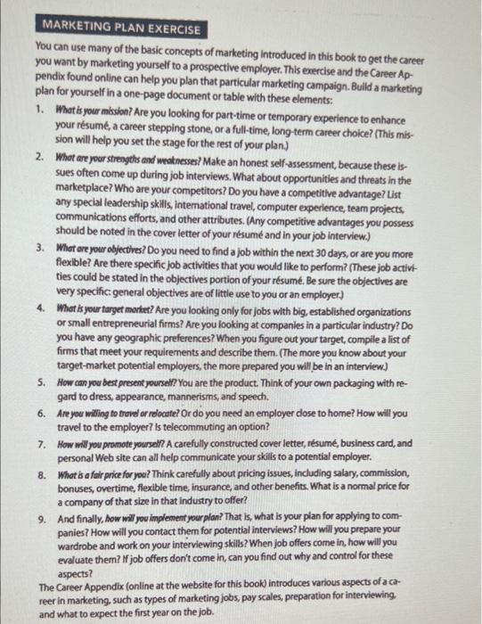 MARKETING PLAN EXERCISE You can use many of the basic | Chegg.com