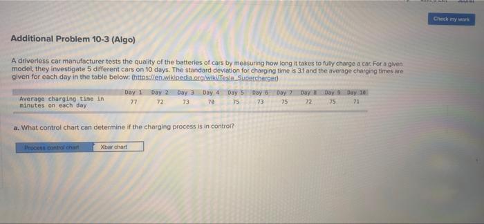 Solved Check my work Additional Problem 10-3 (Algo) A | Chegg.com