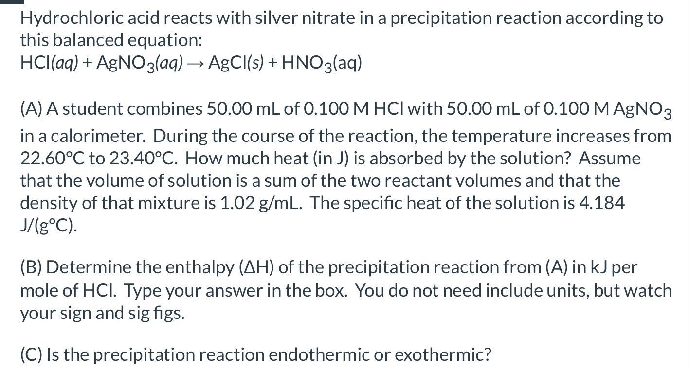 Solved Hydrochloric acid reacts with silver nitrate in a | Chegg.com