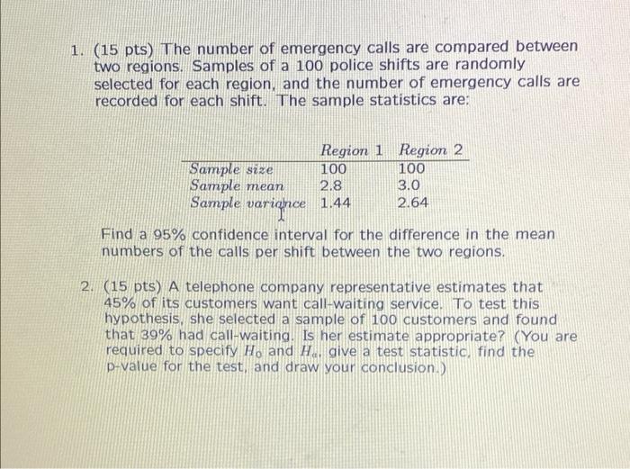 Solved 1. (15 pts) The number of emergency calls are | Chegg.com